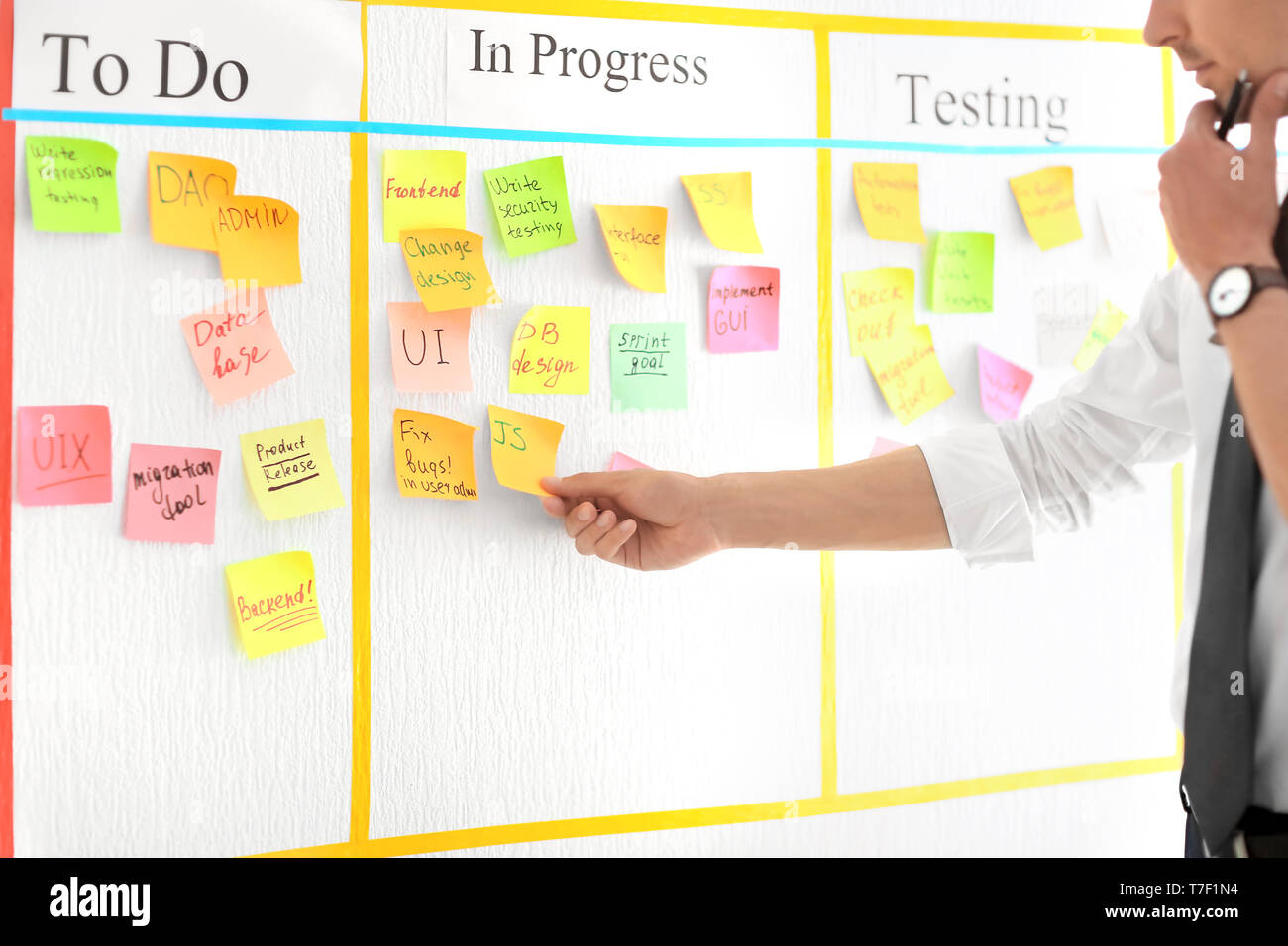 Man near scrum task board with stickers in office Stock Photo - Alamy