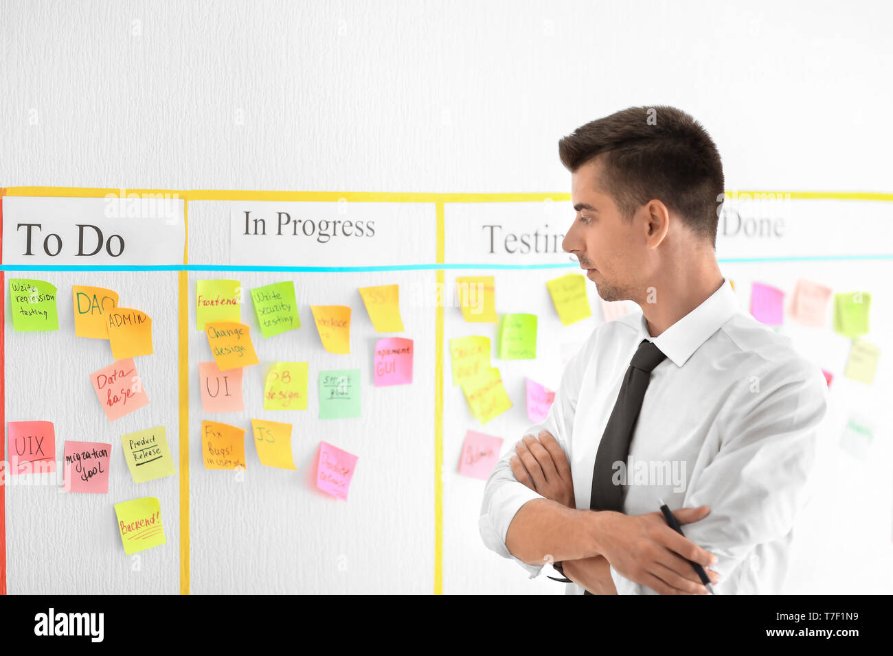 Man near scrum task board with stickers in office Stock Photo - Alamy