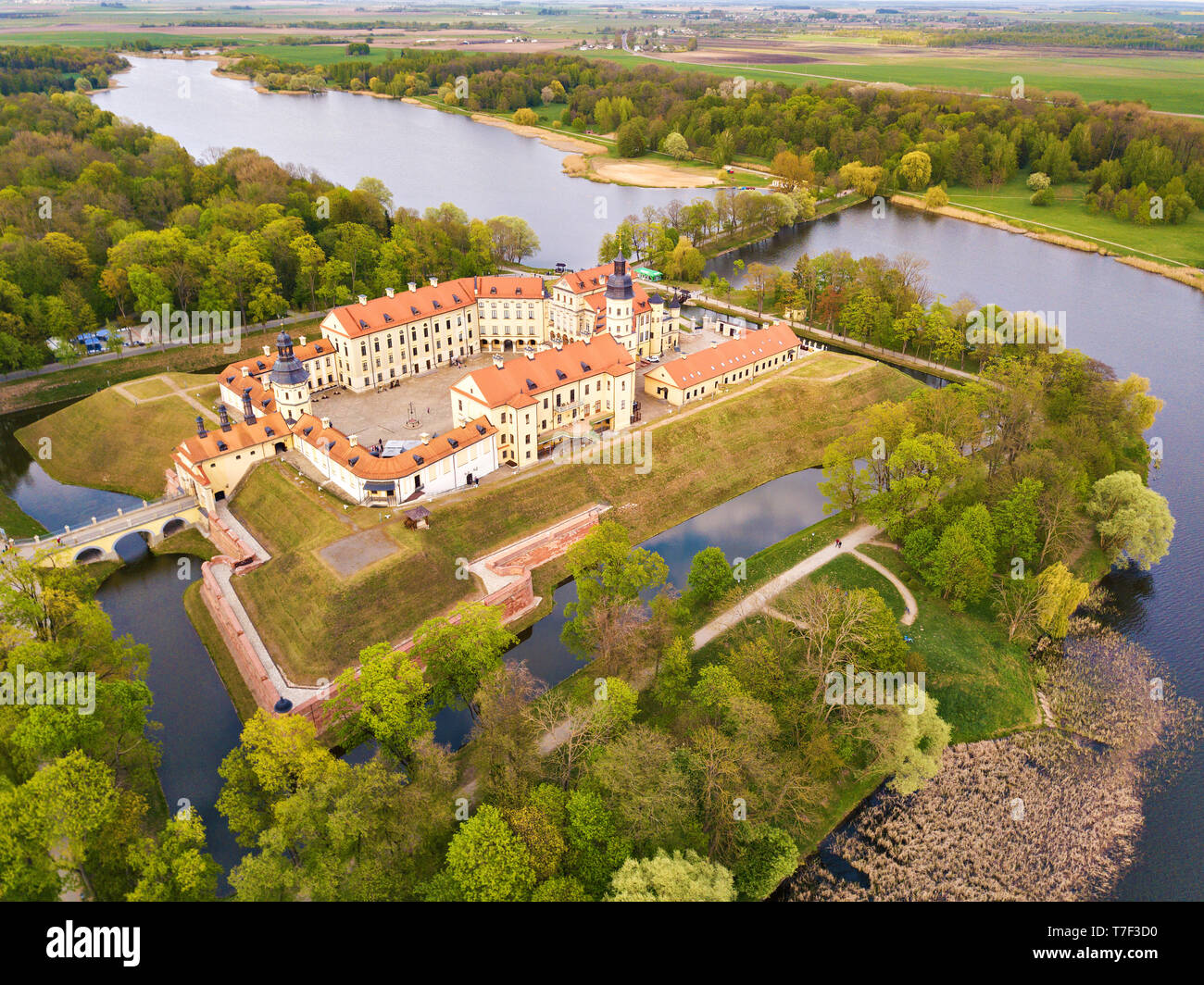 Aerial top view of Medieval castle in Nesvizh. Niasvizh ancient town in ...