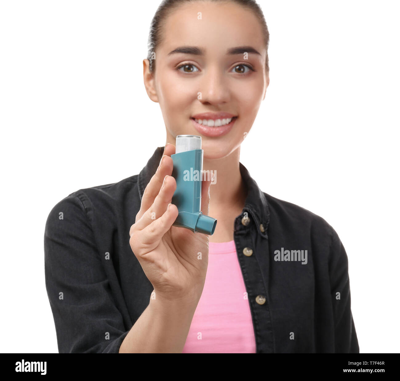 Young woman with inhaler on white background. Allergy concept Stock ...
