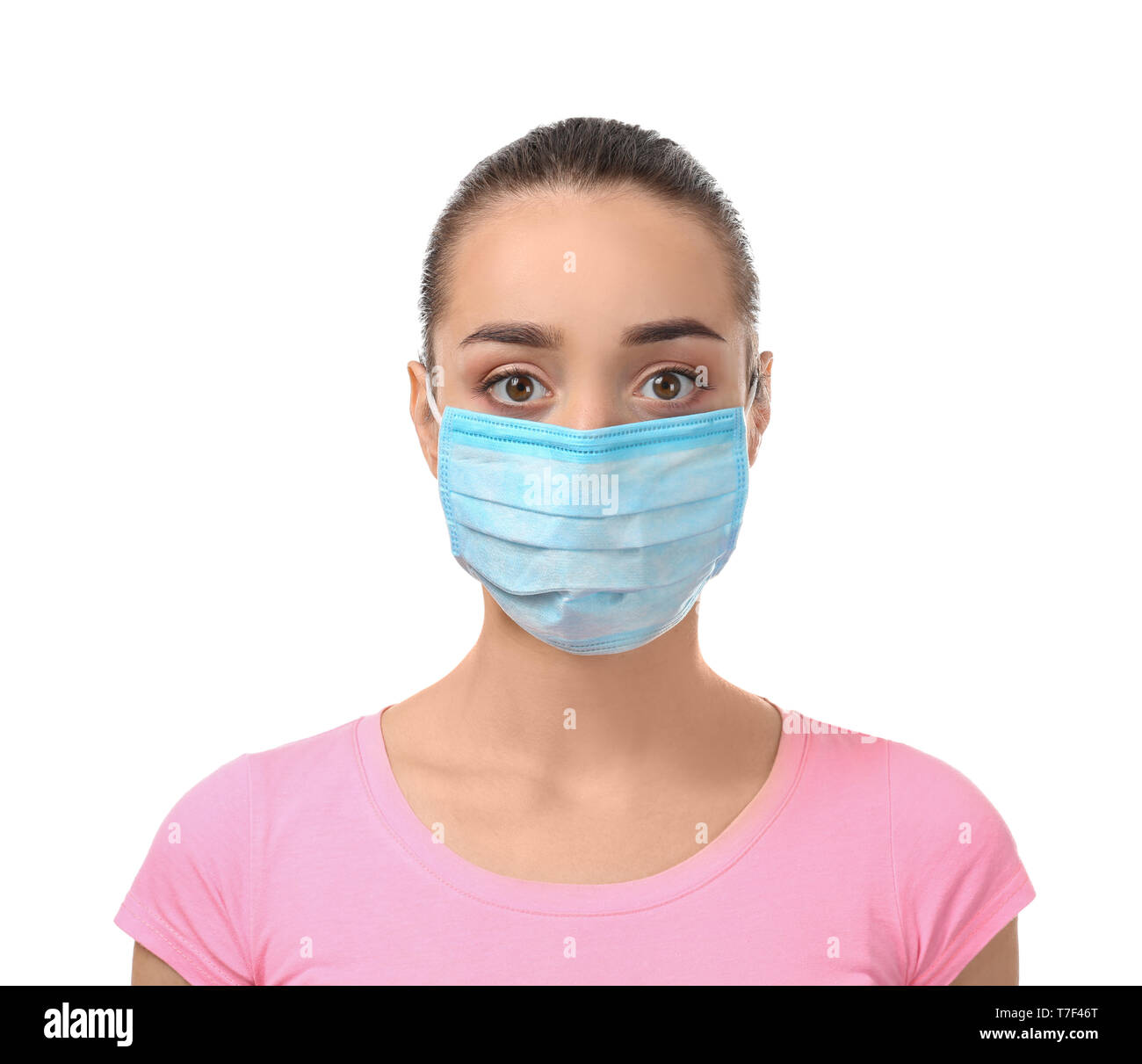 Young woman in protective mask on white background. Allergy concept ...