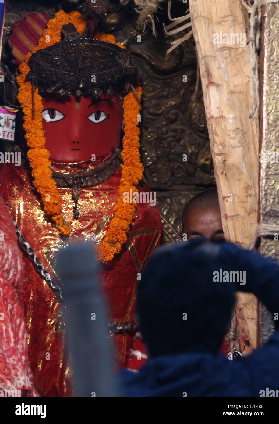 Lalitpur, Nepal. 05th May, 2019. Idol of Rato Machhendranath or god of ...