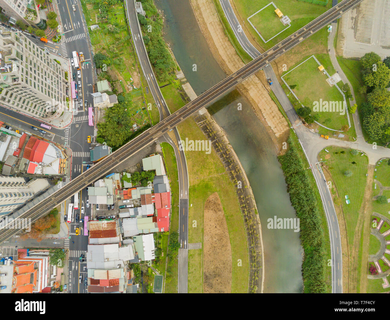 Aerial view of the landscape, metro line near Muzha station at Taipei ...