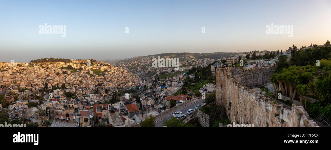 Beautiful aerial panoramic view of the Walls of Jerusalem surrounding ...