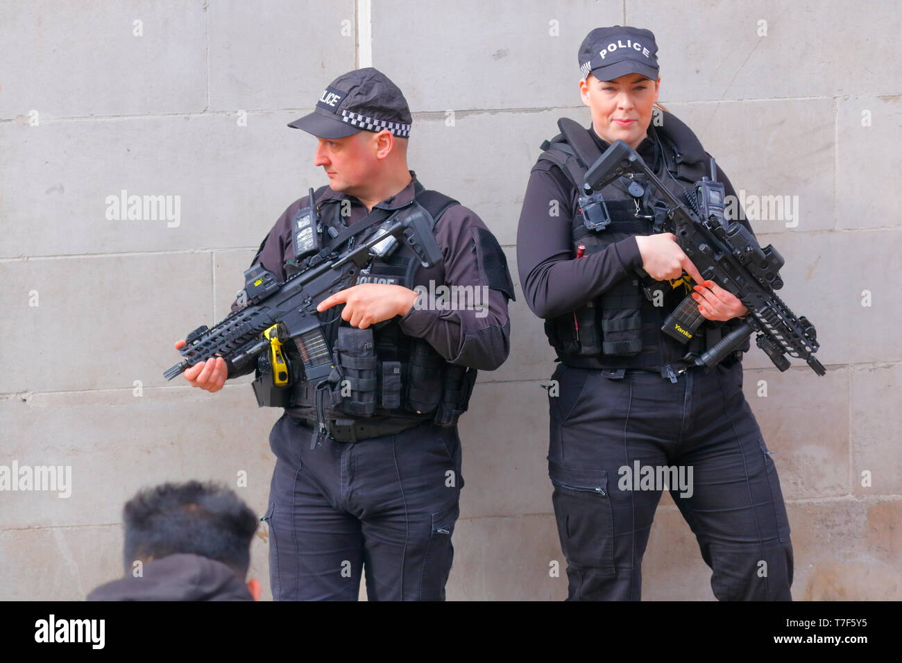 Armed police officers on duty during Stage 4 of Tour De Yorkshire 2019 ...