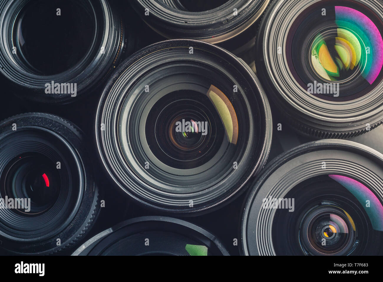 Set of various DSLR lenses with colorful reflections Stock Photo - Alamy