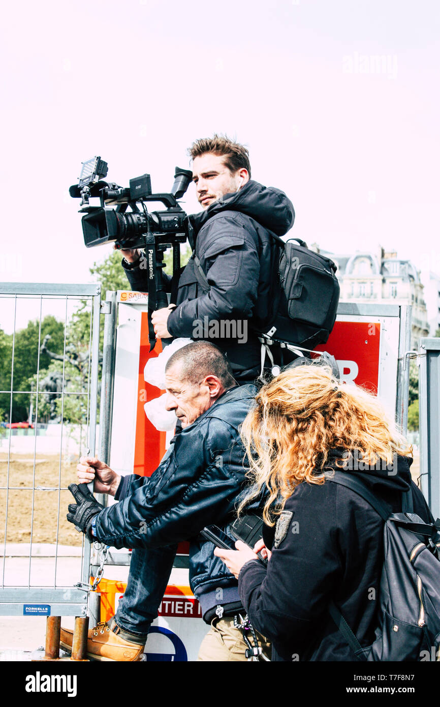 Paris France May 04, 2019 View of press journalist covering protests of ...