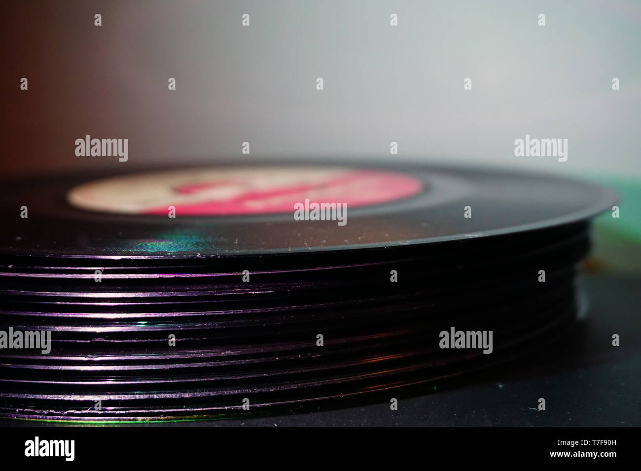 Stacked vinyl collection close up view Stock Photo - Alamy