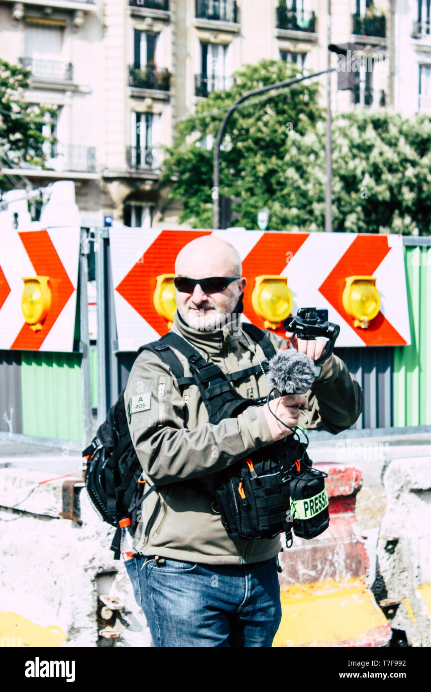 Paris France May 04, 2019 View of press journalist covering protests of ...