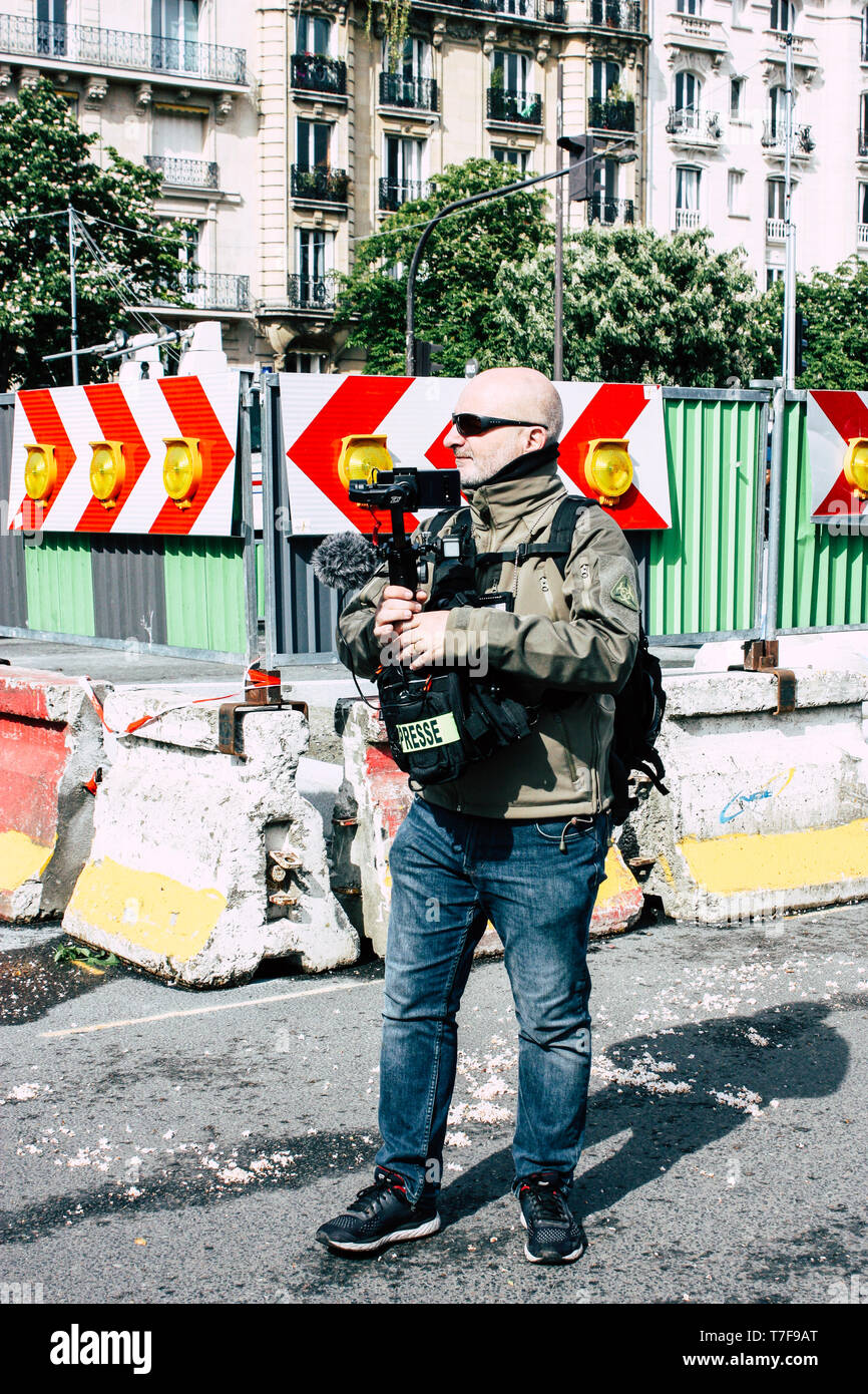 Paris France May 04, 2019 View of press journalist covering protests of ...