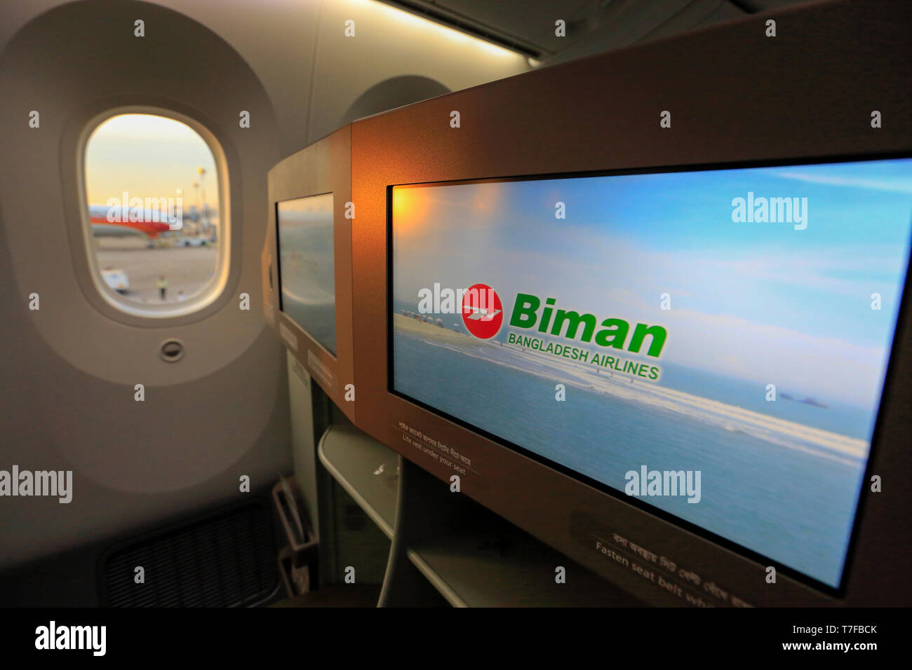 Large LED screen in the Business class of Biman Bangladesh Airlines ...