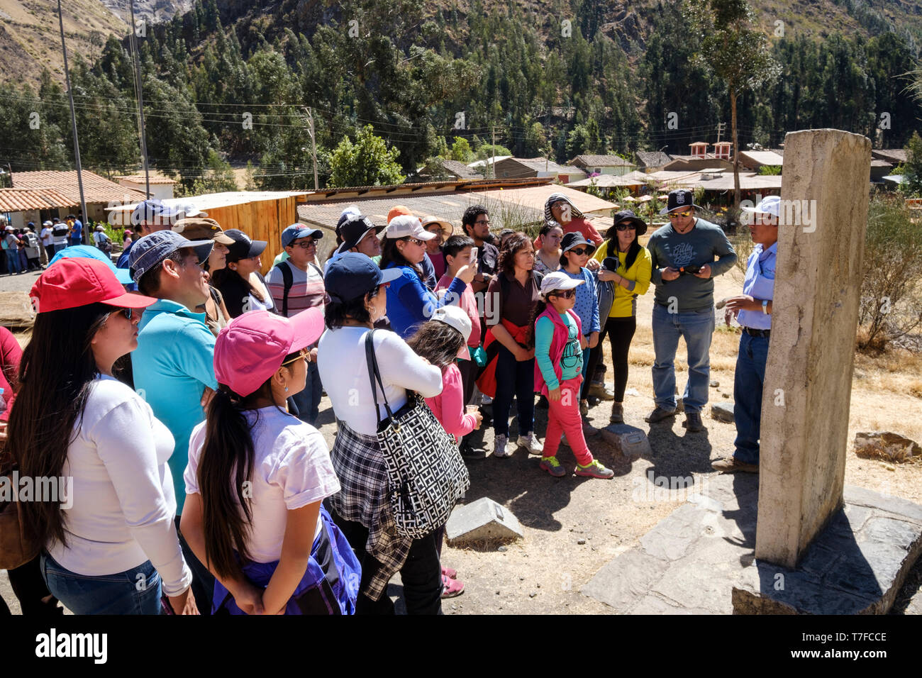 Local guide giving information about the Raimondi Stela replica at ...