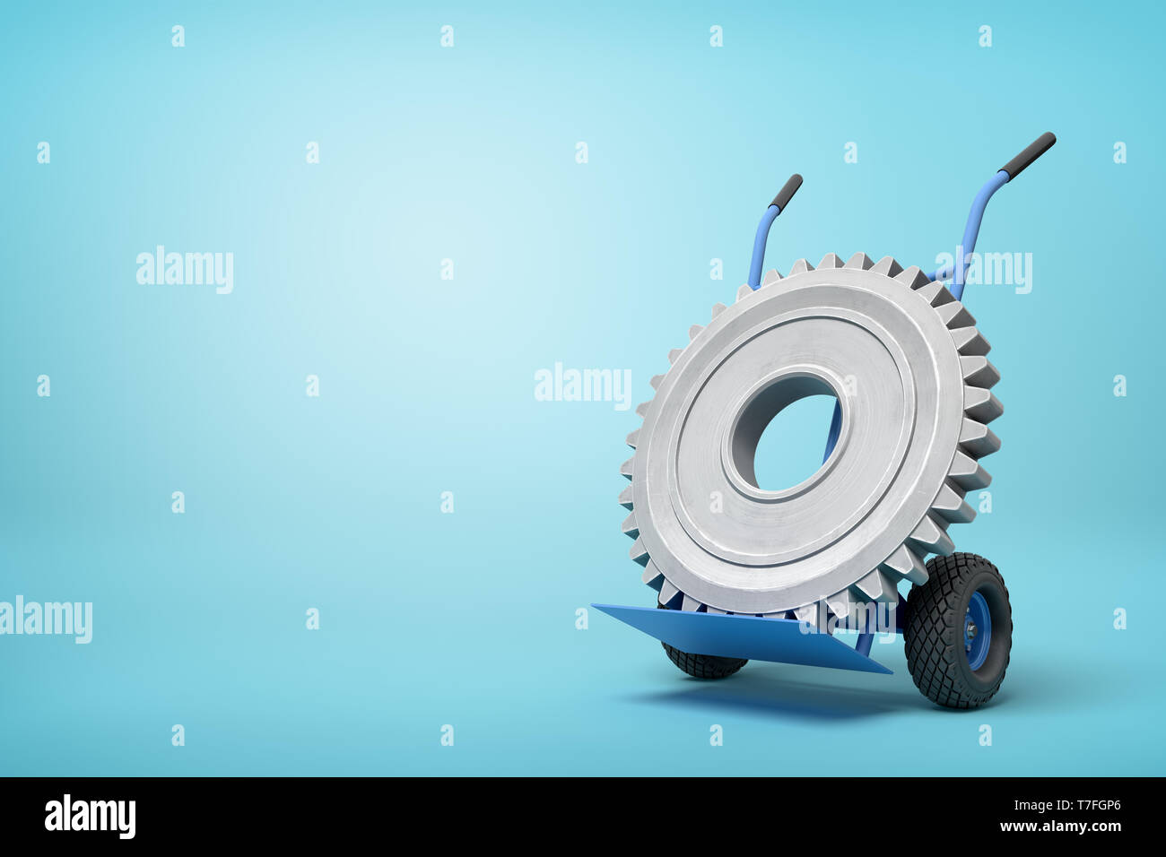 3d rendering of big grey wheel gear on blue hand truck which is ...