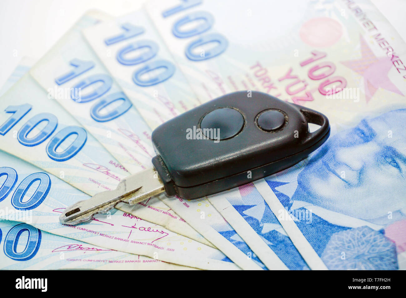 Turkish lira banknotes and assorted keys investment concept on isolated ...