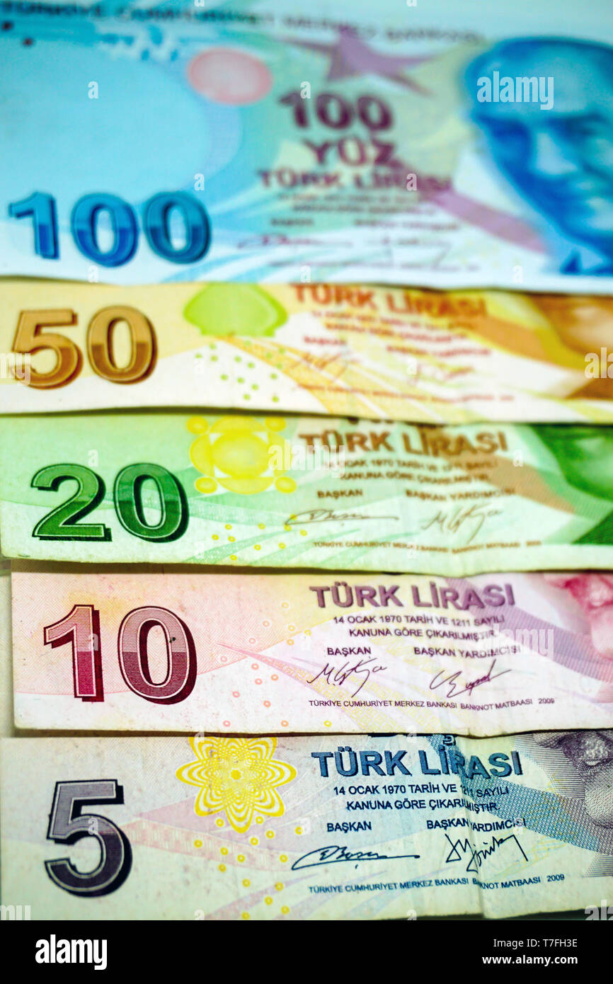 Turkish lira banknotes calculator bills and tax calculations on ...