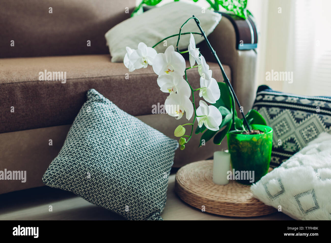 Details of modern living room interior. Tatami straw cushion decorated ...