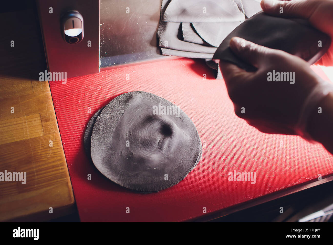 Chef making dough pastry sheeter bakery Baker forming shaping dough ...