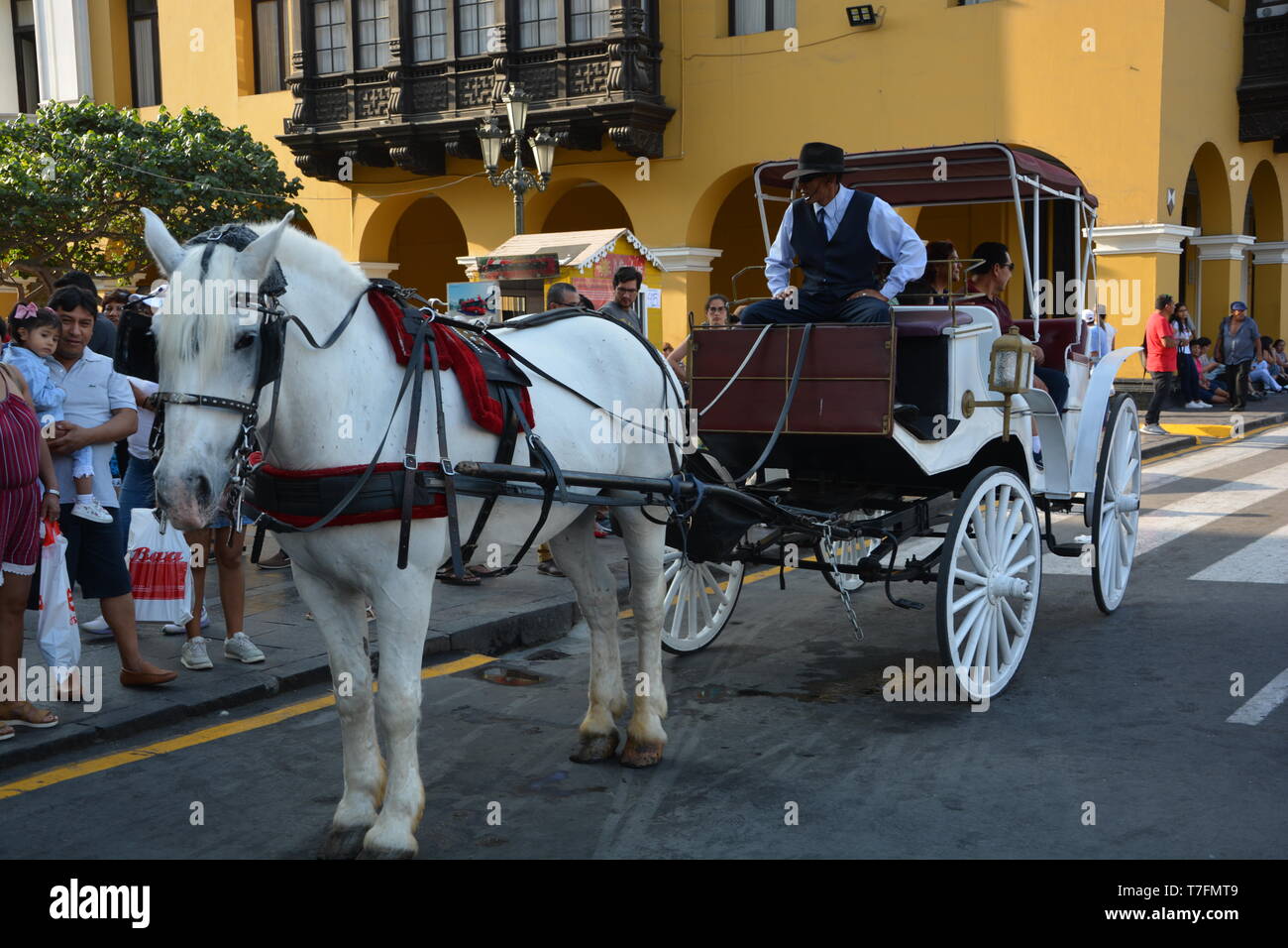 Horse giving tourist a ride on the old car at the Plaza de armas Lima ...