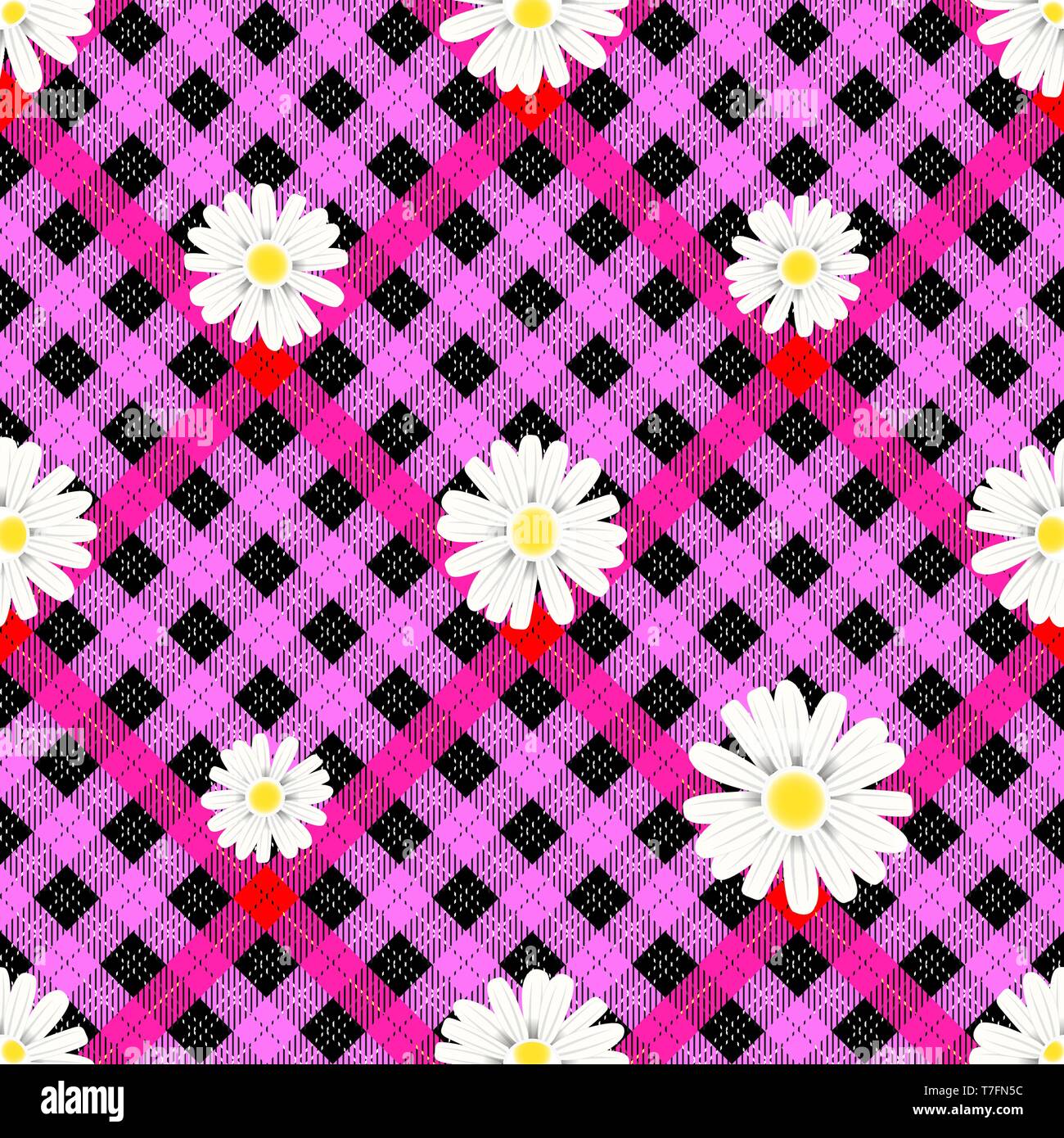 Black and green tartan plaid and daisy flowers pattern on checkered ...