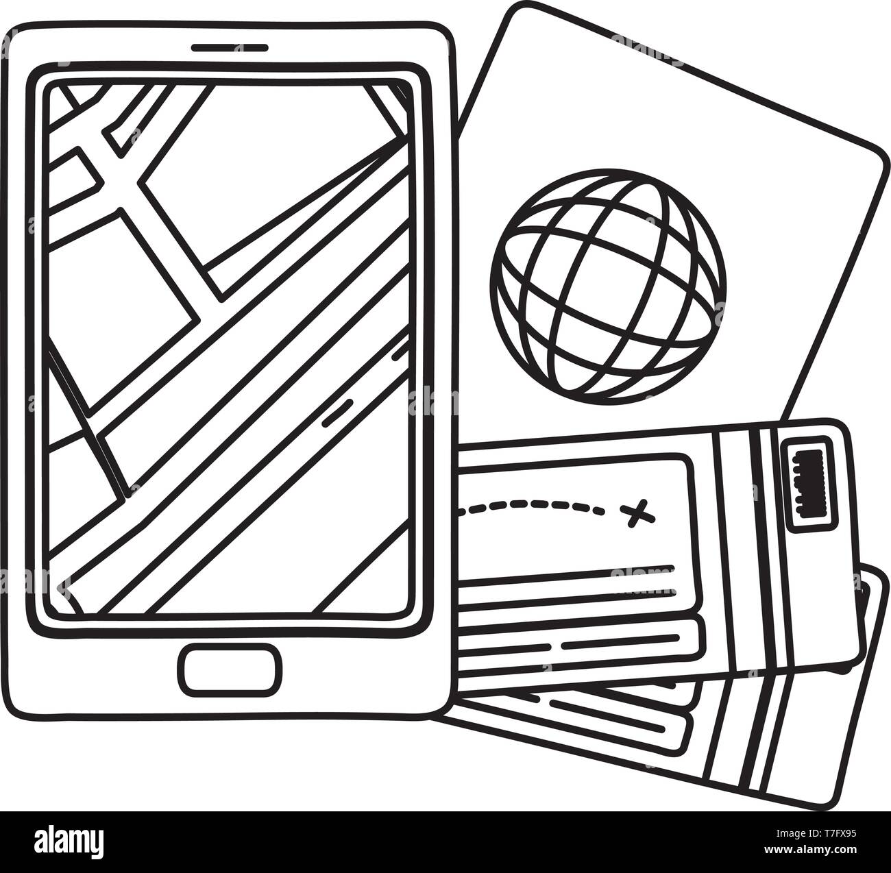 Tourist trip summer travel gps screen map passport and plane tickets ...