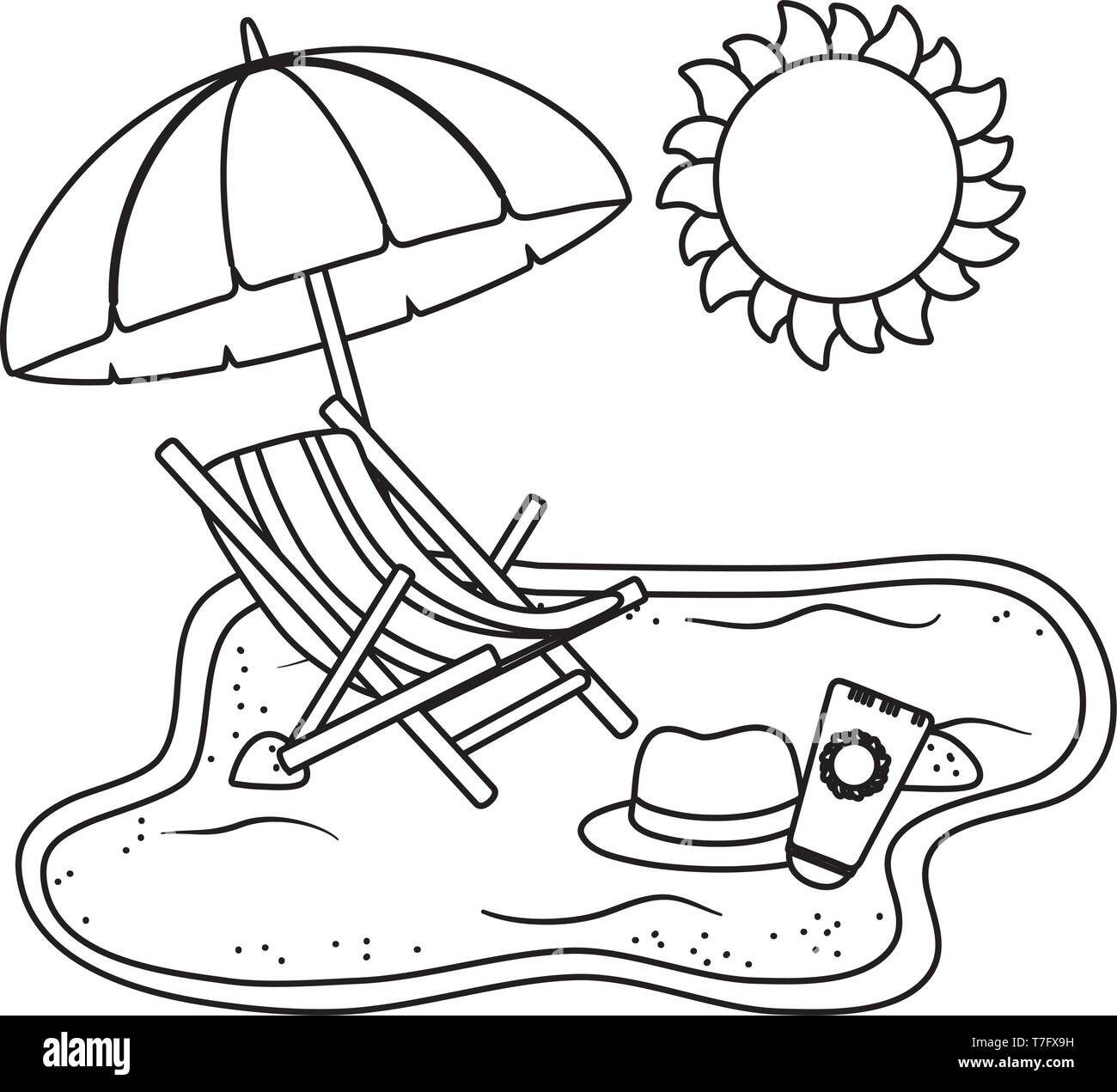 Tourist trip summer travel sun beach chair and umbrella with hat and ...