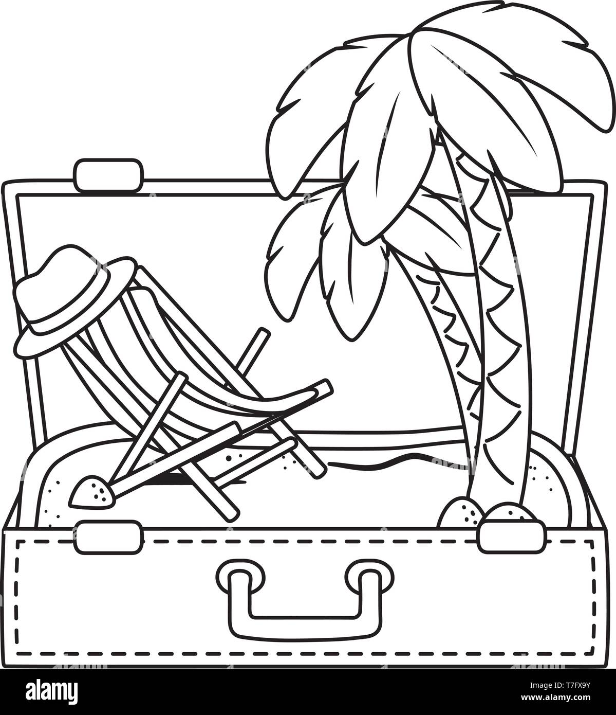 Tourist trip summer travel suitcase with sand palm tree and beach chair ...