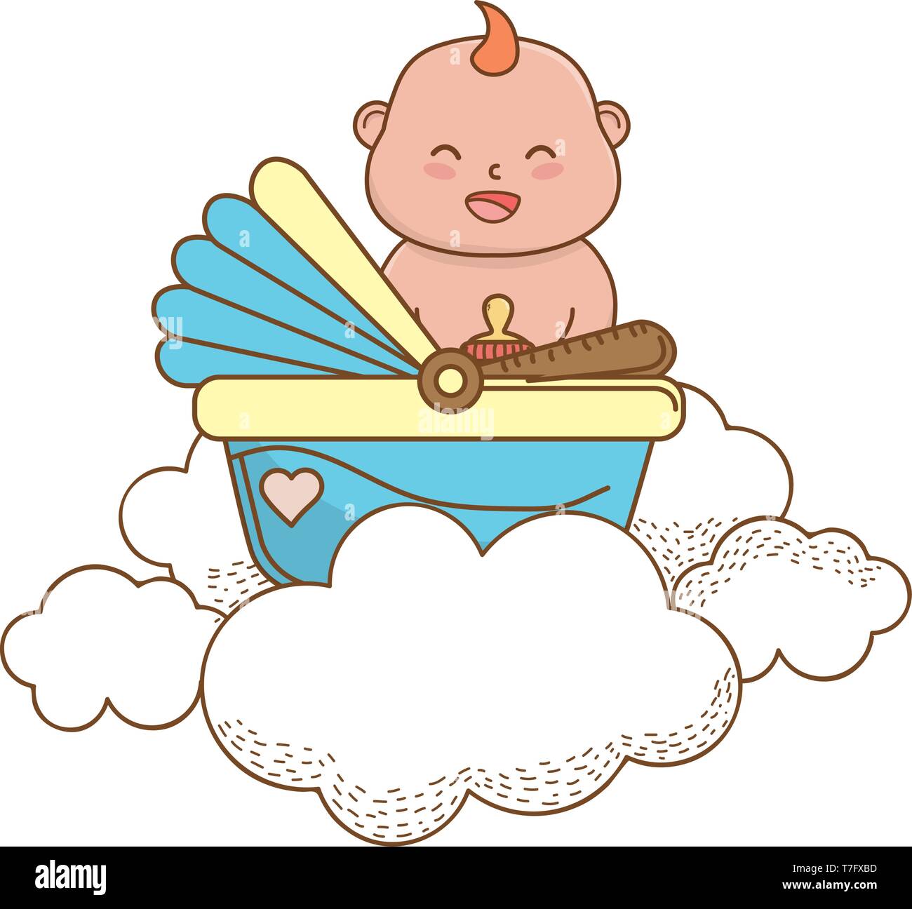 baby shower happy baby in basket holding bottle between clouds cartoon ...