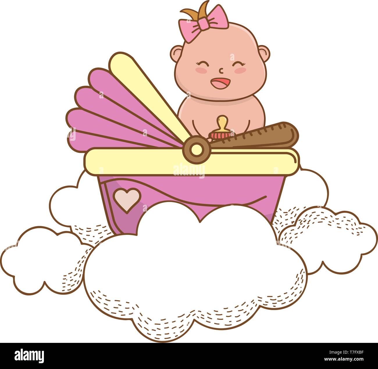 baby shower happy baby in basket holding bottle between clouds cartoon ...