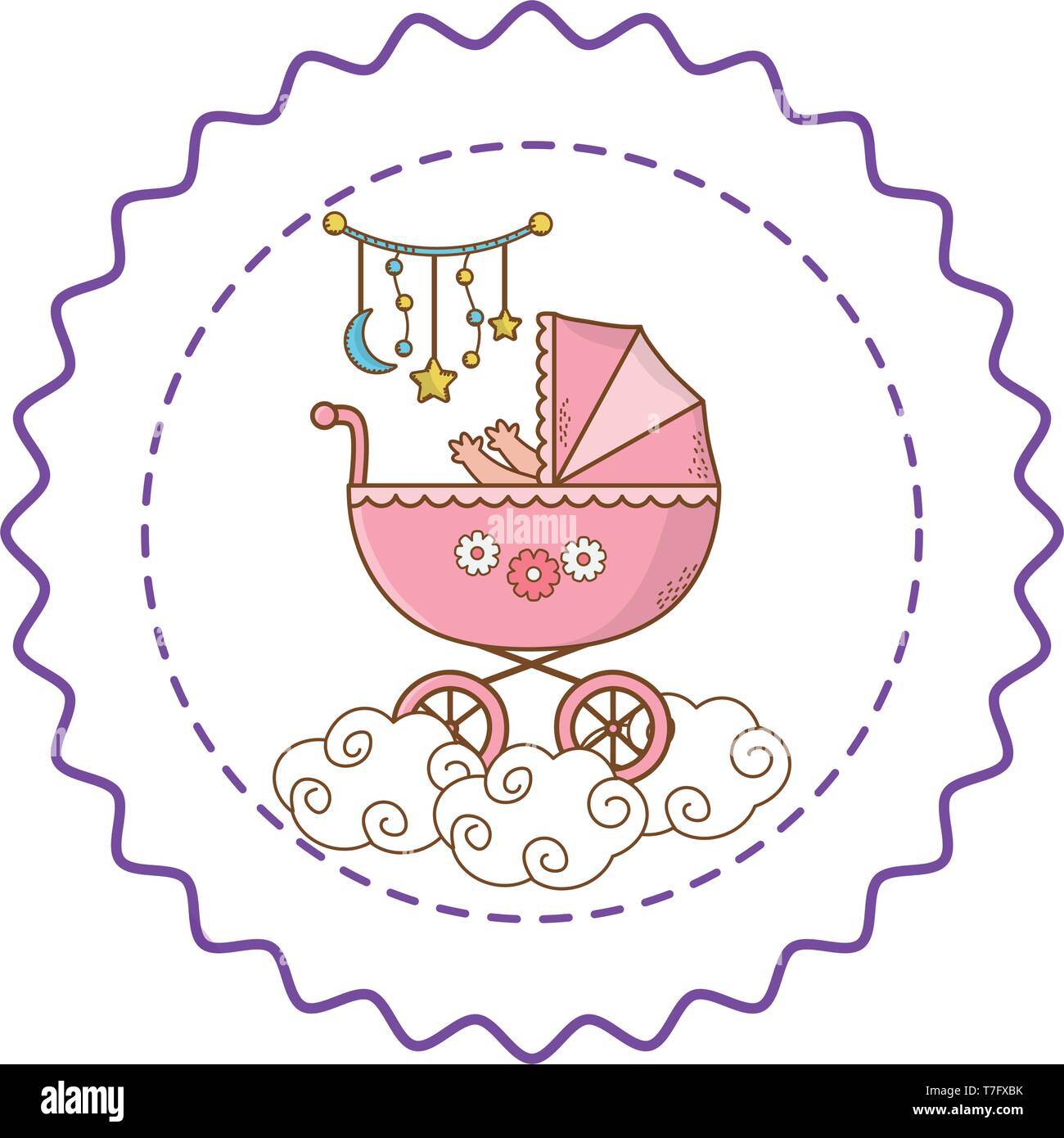Baby shower pram with hanging toys on clouds cartoons in round label ...