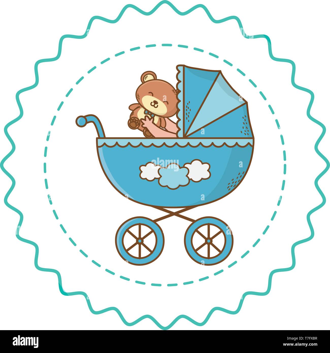 Baby shower pram with hands baby showing his teddy cartoons in round ...