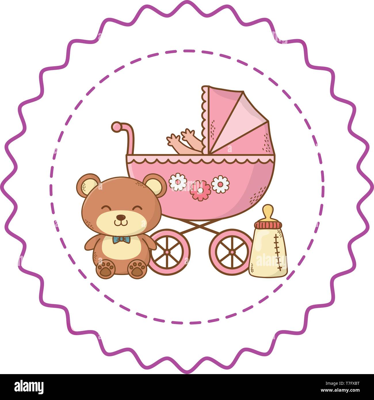 Baby shower pram with baby, teddy and bottle cartoons in round label ...
