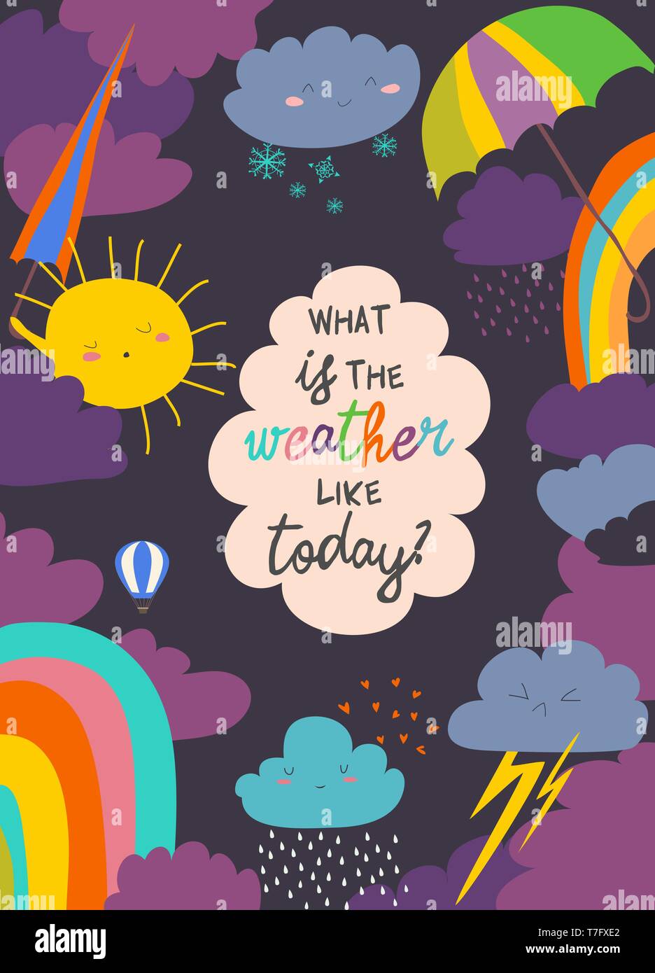 Cartoon frame with weather. Sun, cloud, rain, rainbow,snow Stock Vector ...