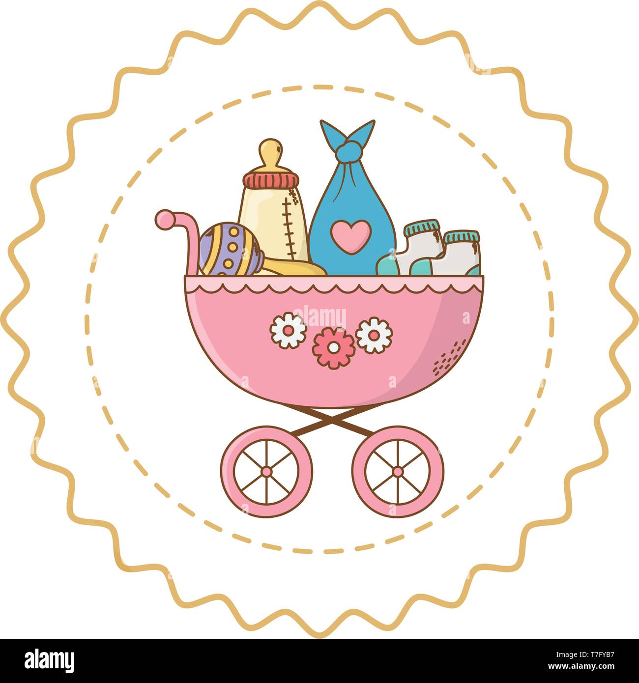 Baby shower pink pram with maraca, bottle, bag and socks cartoons in ...