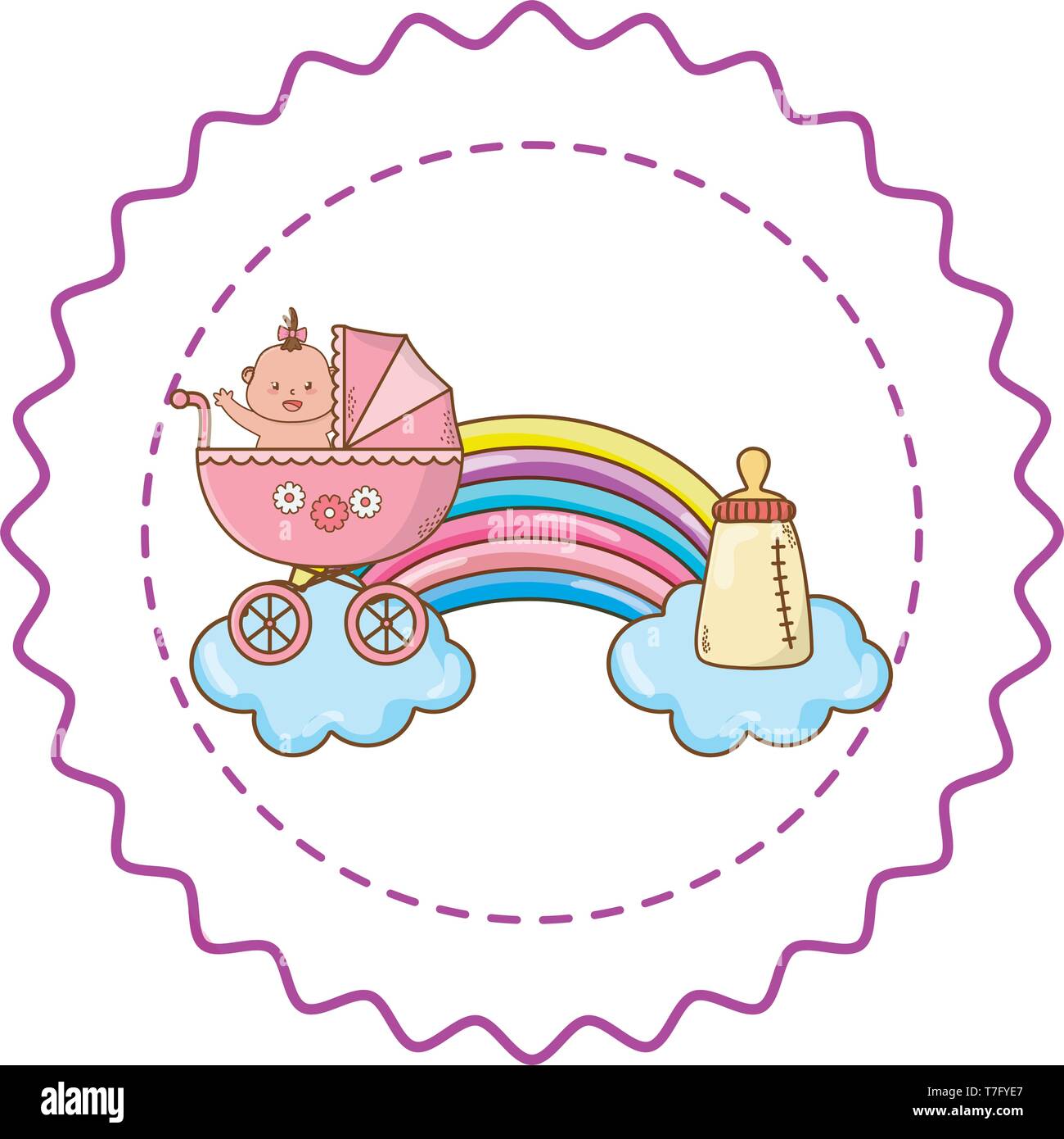 Baby shower pram with baby and bottle on rainbow and clouds cartoons in ...