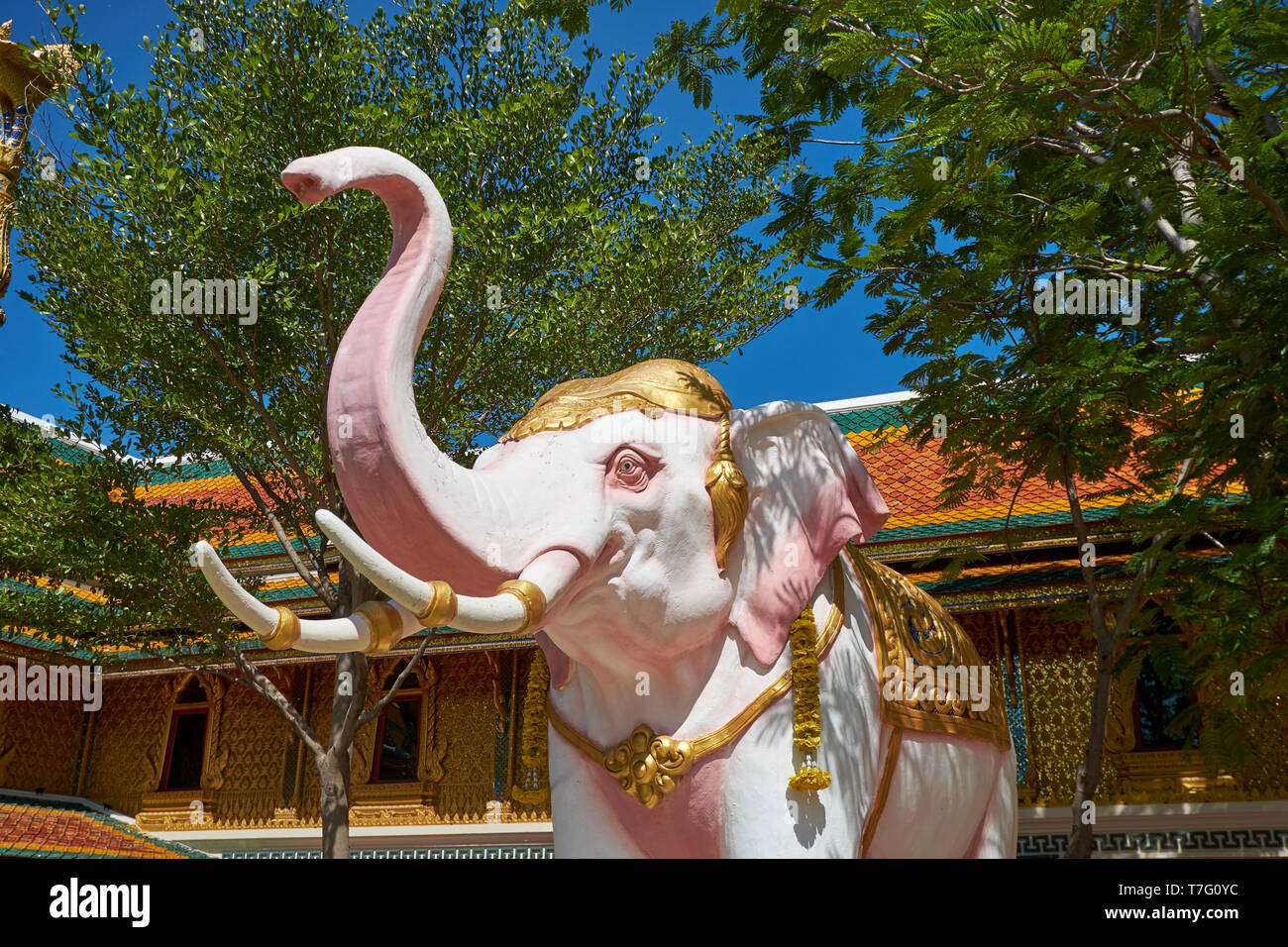 A royal white and pink elephant sculpture at the Ancient City theme ...