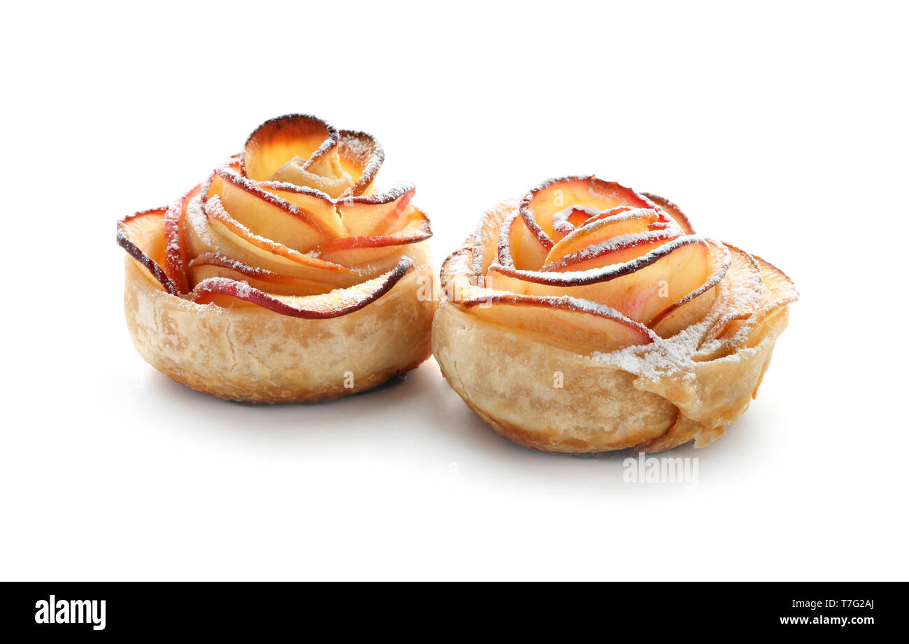 Tasty rose shaped apple pastry on white background Stock Photo - Alamy
