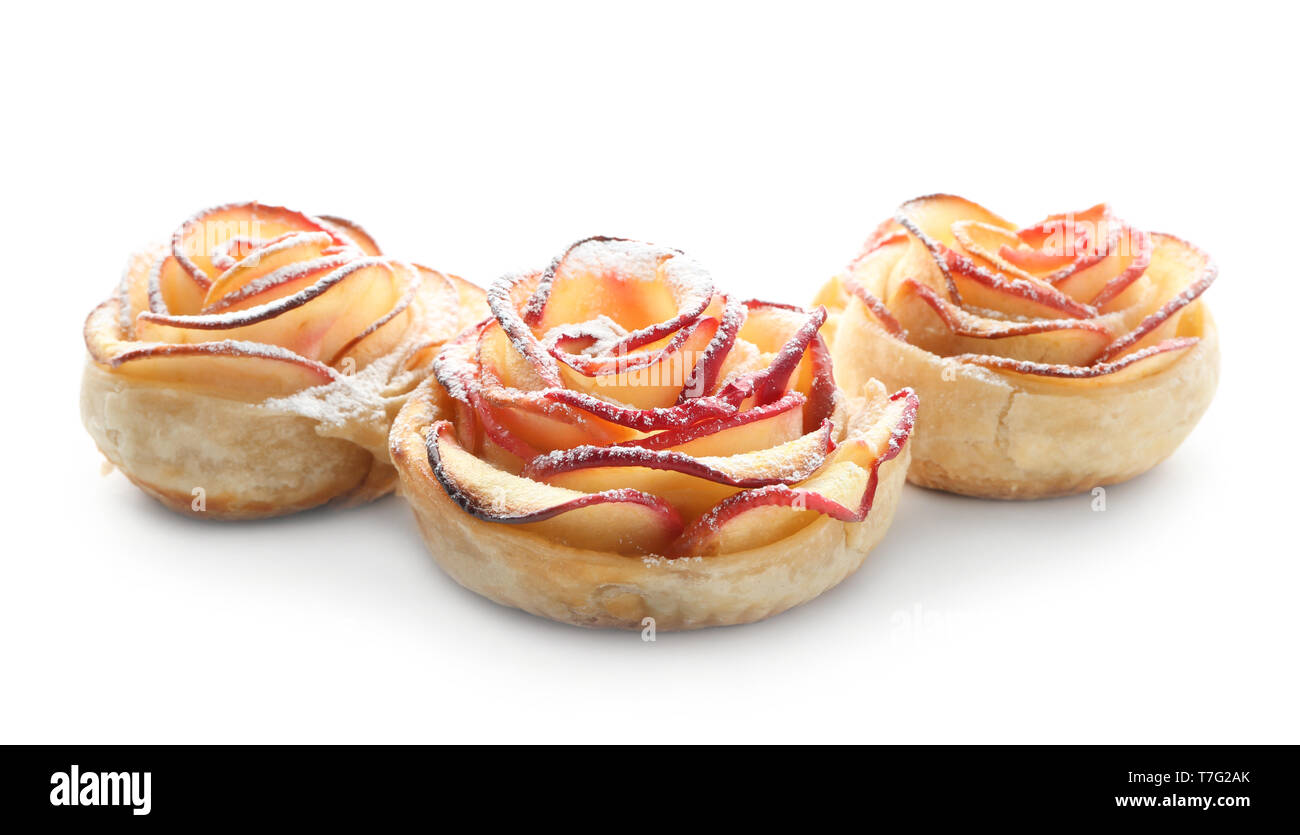 Tasty rose shaped apple pastry on white background Stock Photo - Alamy