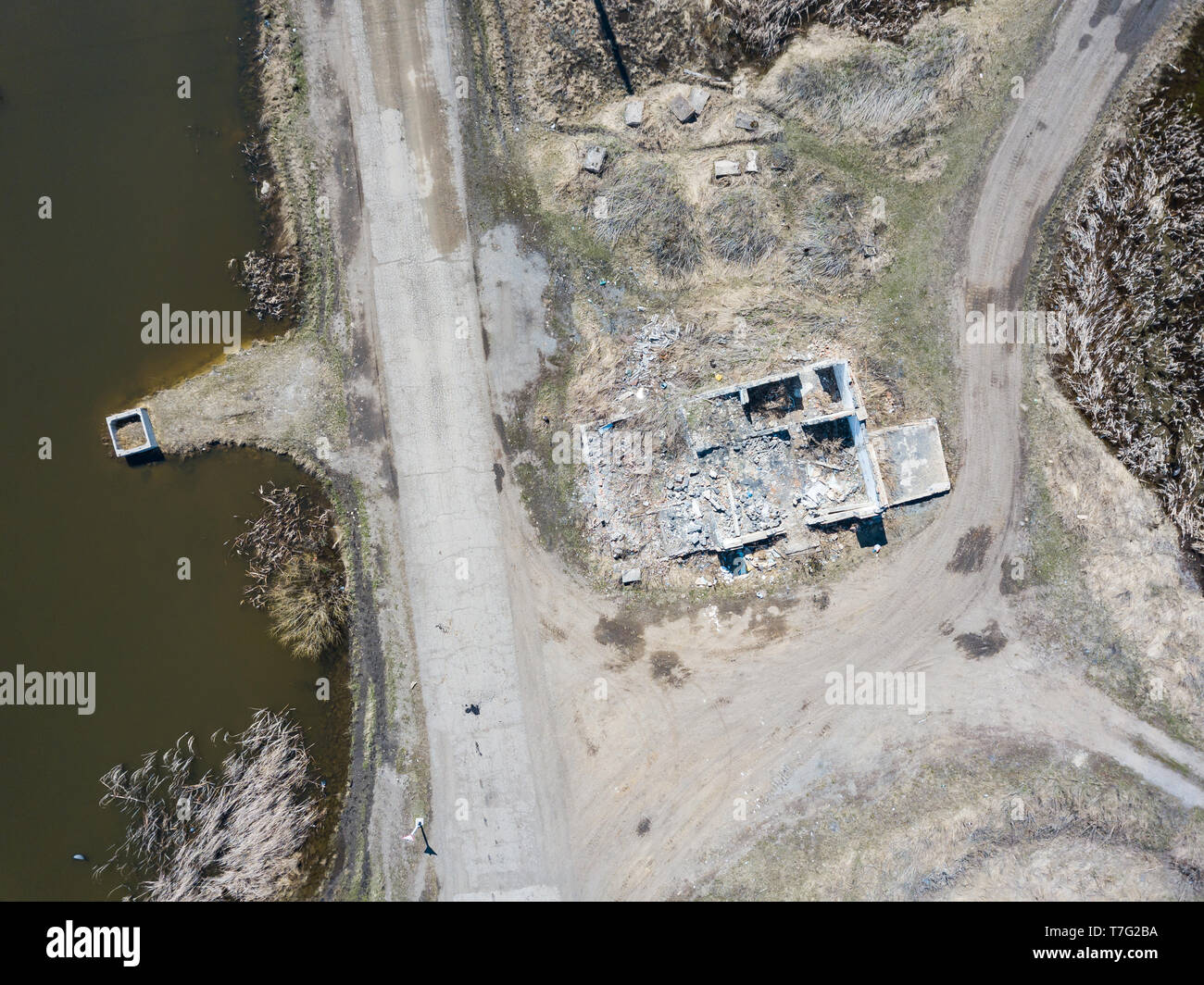 Aerial view of the abandoned and destroyed building with a large number ...