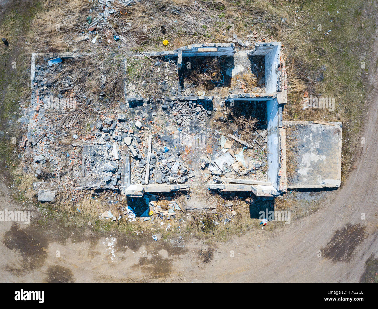 Aerial view of the abandoned and destroyed building with a large number ...
