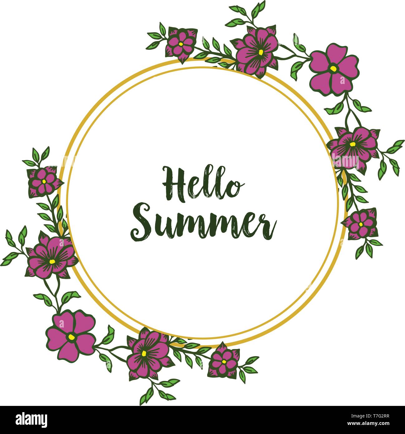 Vector illustration hello summer with round purple flower frame hand ...