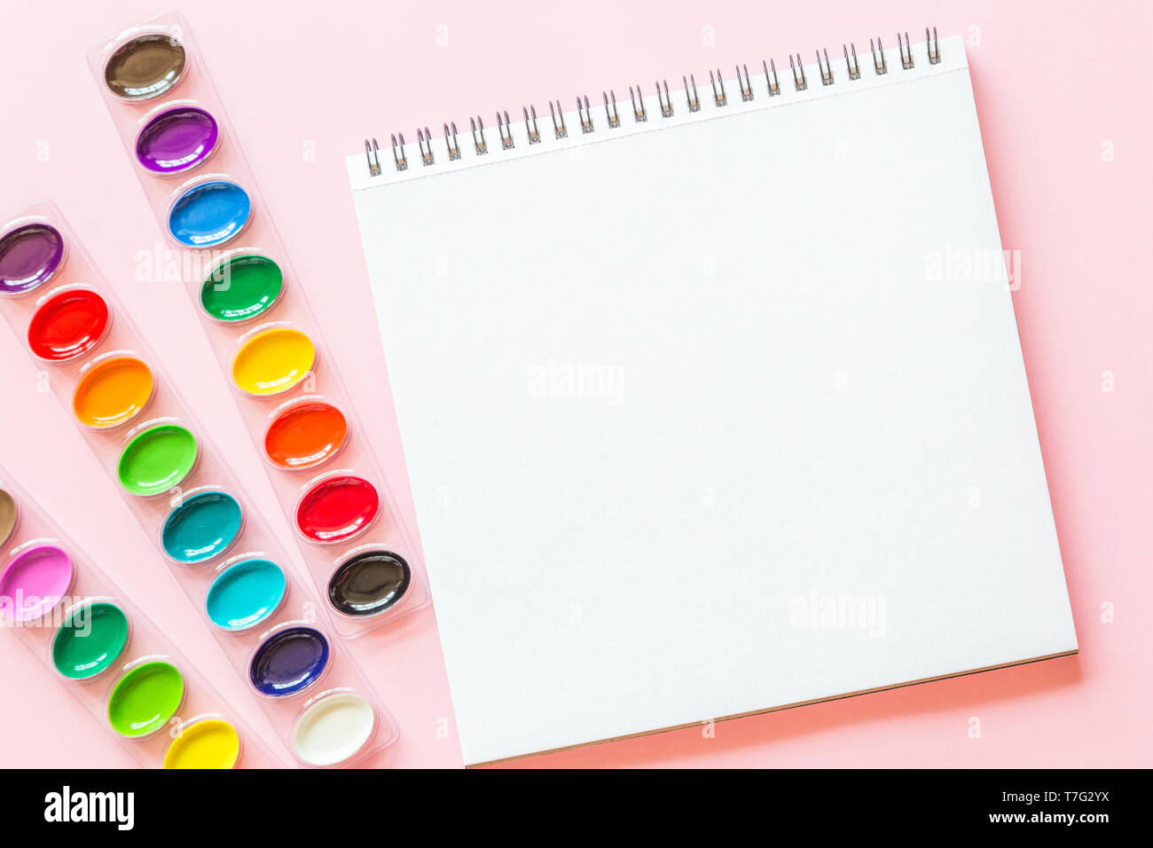 Creative flat lay of watercolor palettes and notebook. Top view Stock ...