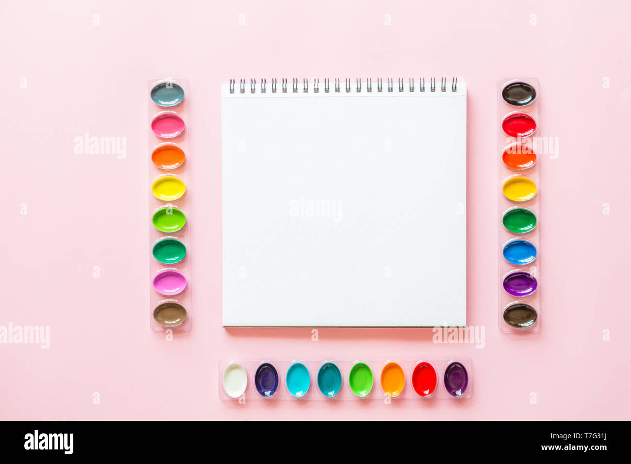 Creative flat lay of watercolor palettes and notebook. Top view Stock ...