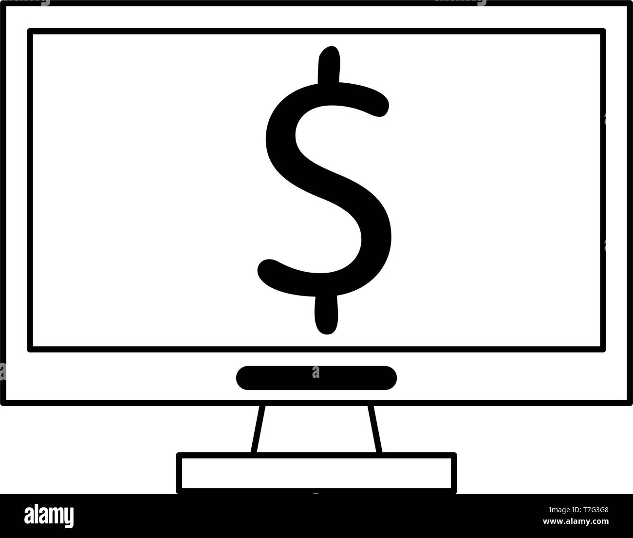 Computer screen with money symbol isolated black and white Stock Vector ...