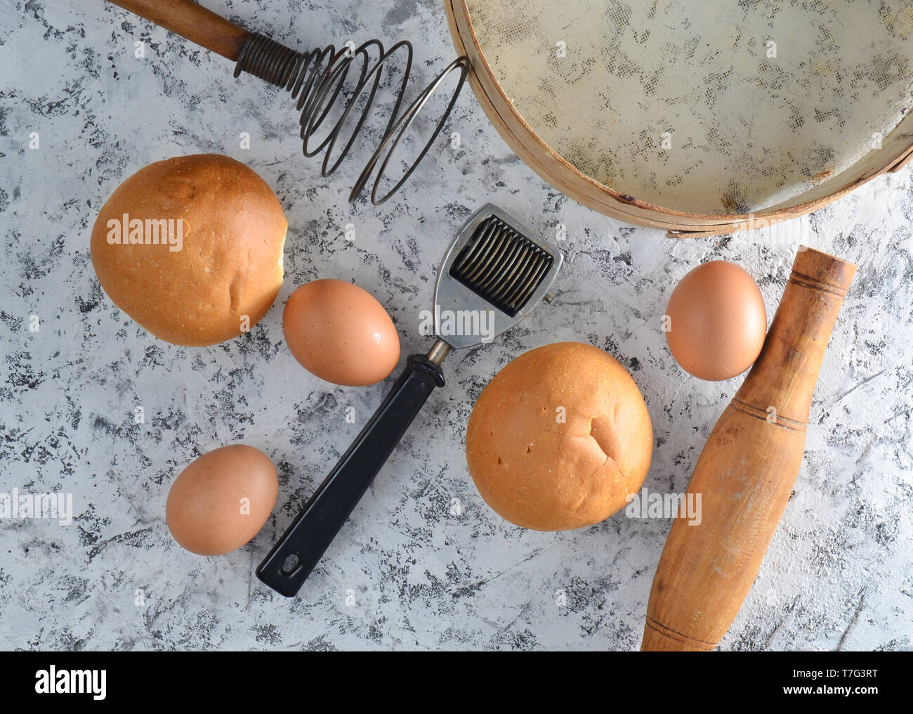 Space for cooking. Kitchen tools and ingredients for cooking on a white ...