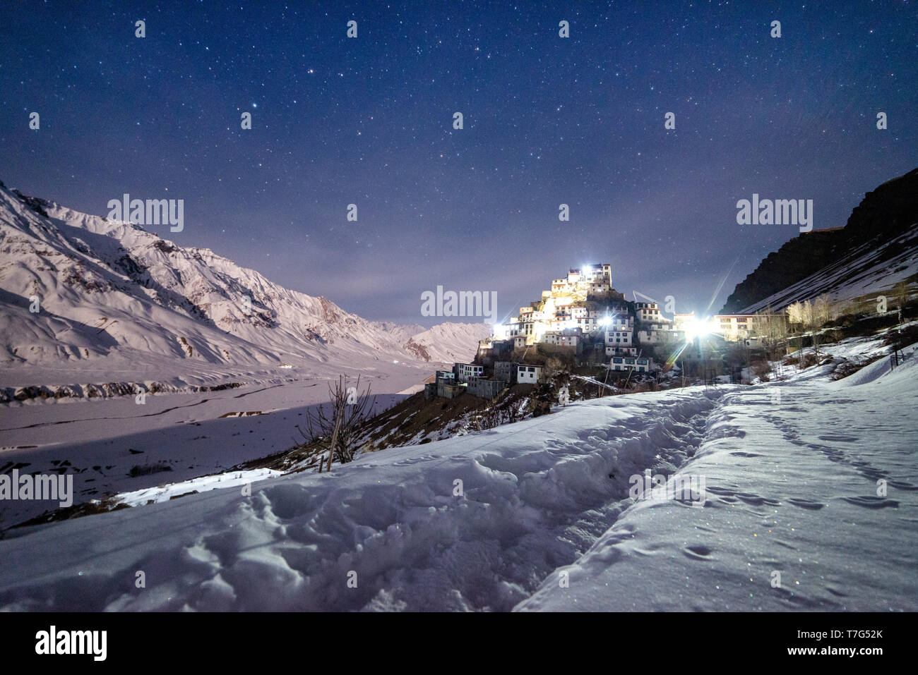 Key Monastery in nights starry sky with full moon Stock Photo - Alamy