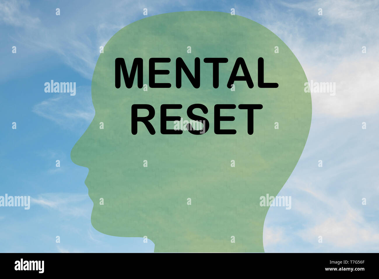 Render illustration of MENTAL RESET title on head silhouette, with cloudy sky as a background ...