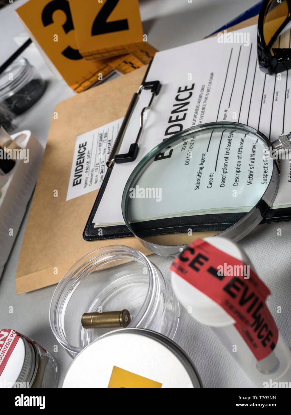 Various laboratory evidence forensic equipment, conceptual image Stock ...