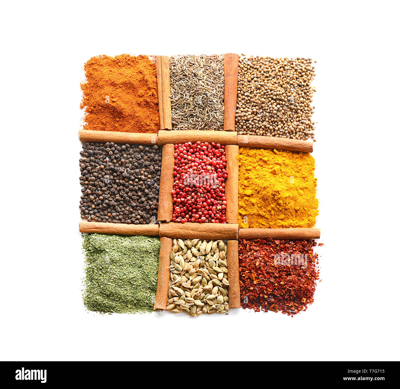 Different kinds of spices on white background Stock Photo - Alamy