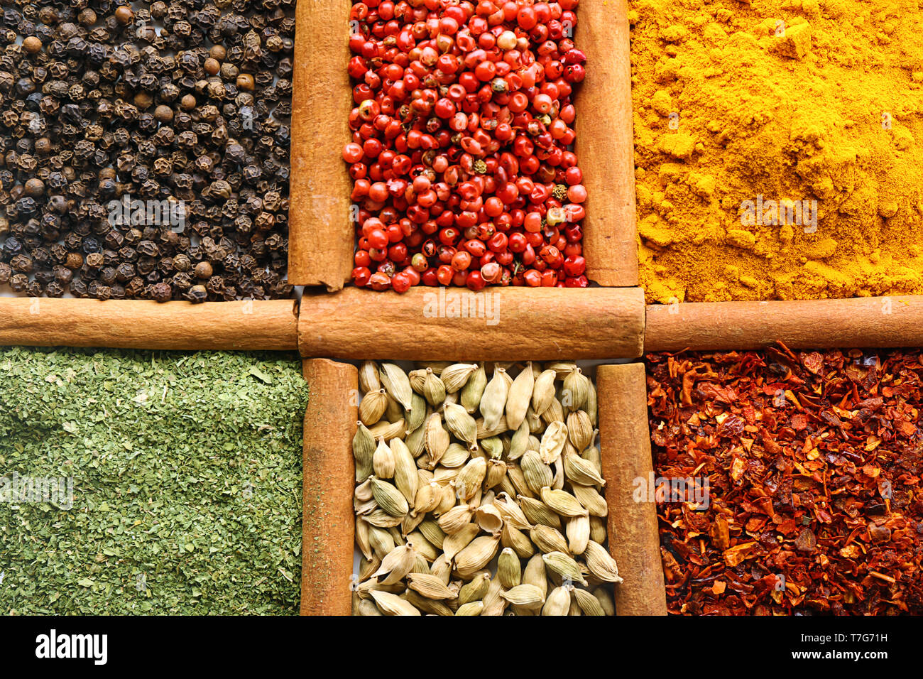 Different kinds of spices, top view Stock Photo - Alamy