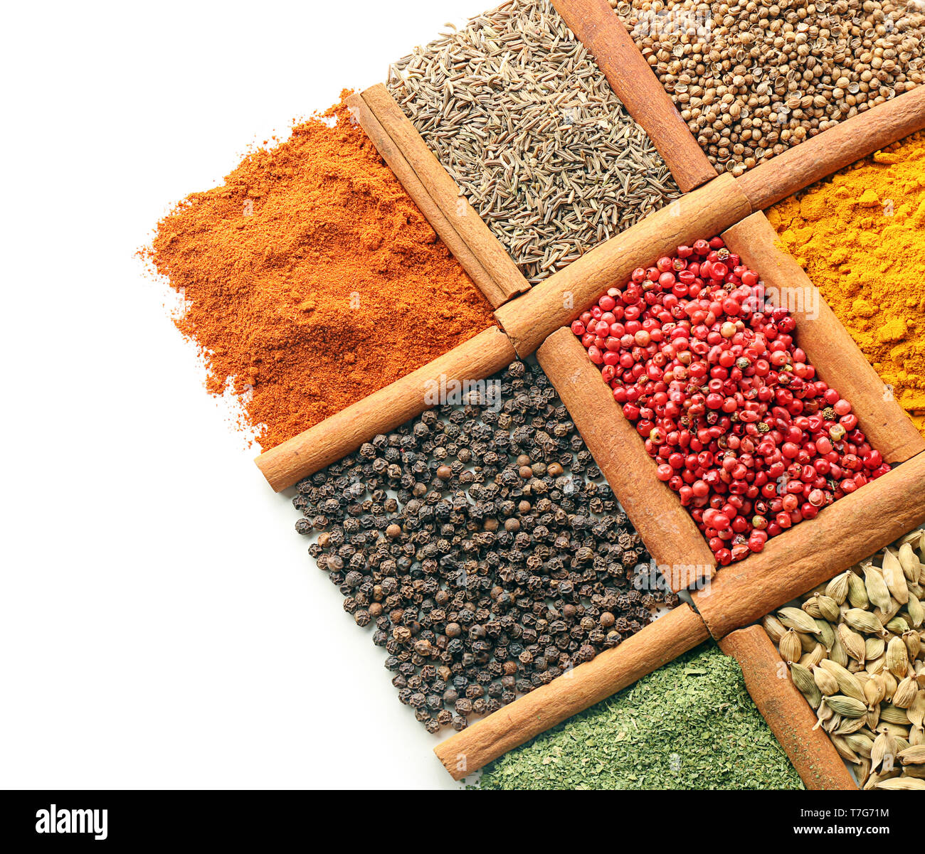 Different kinds of spices on white background Stock Photo - Alamy